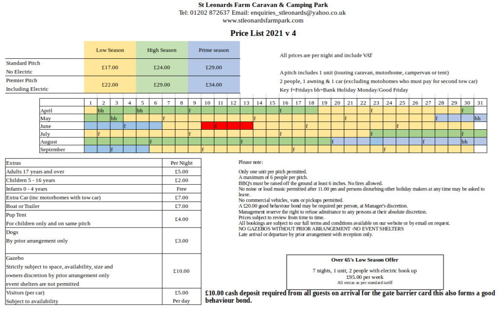 Camping Price List - St Leonards Farm Park in Bournemouth, Dorset
