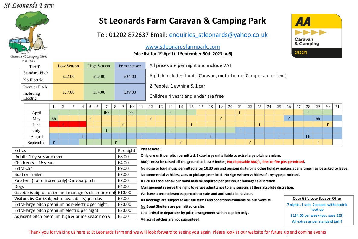 Camping Price List - St Leonards Farm Park in Bournemouth, Dorset